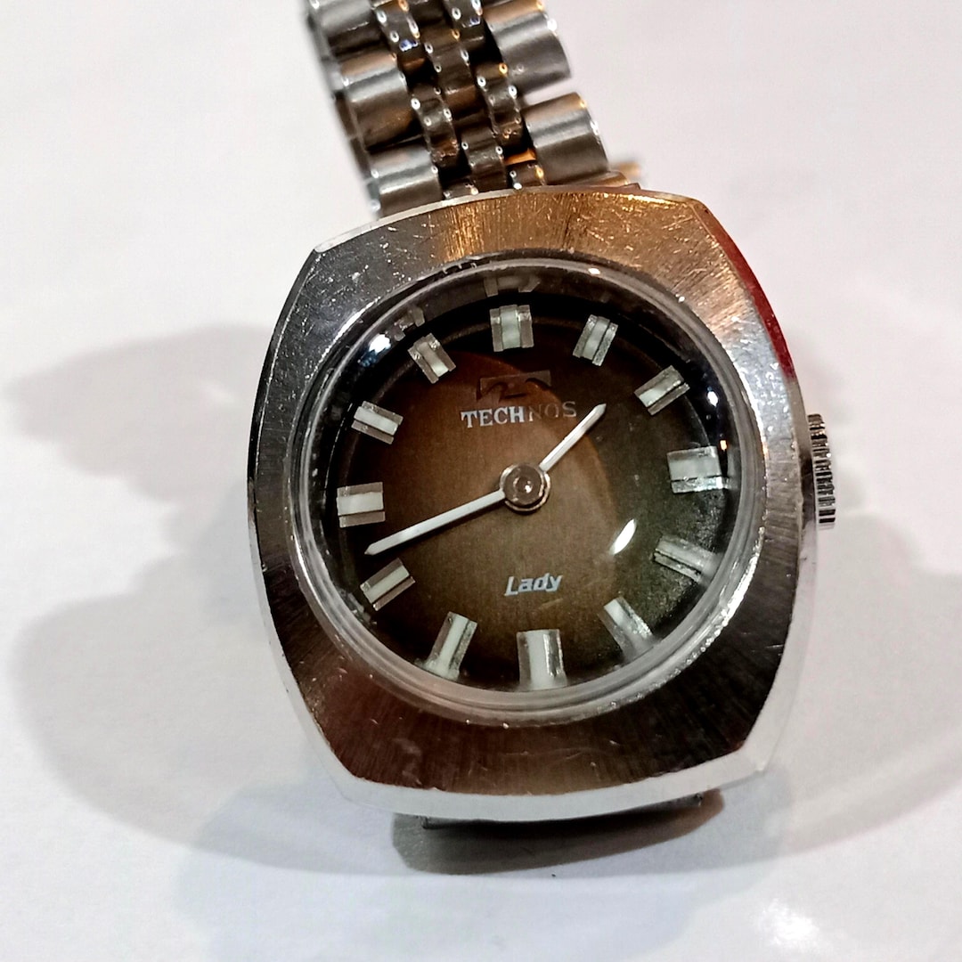 VINTAGE Ladies Watch TECHNOS Square Brown Tiger Eyes Dial Manual Wind ...