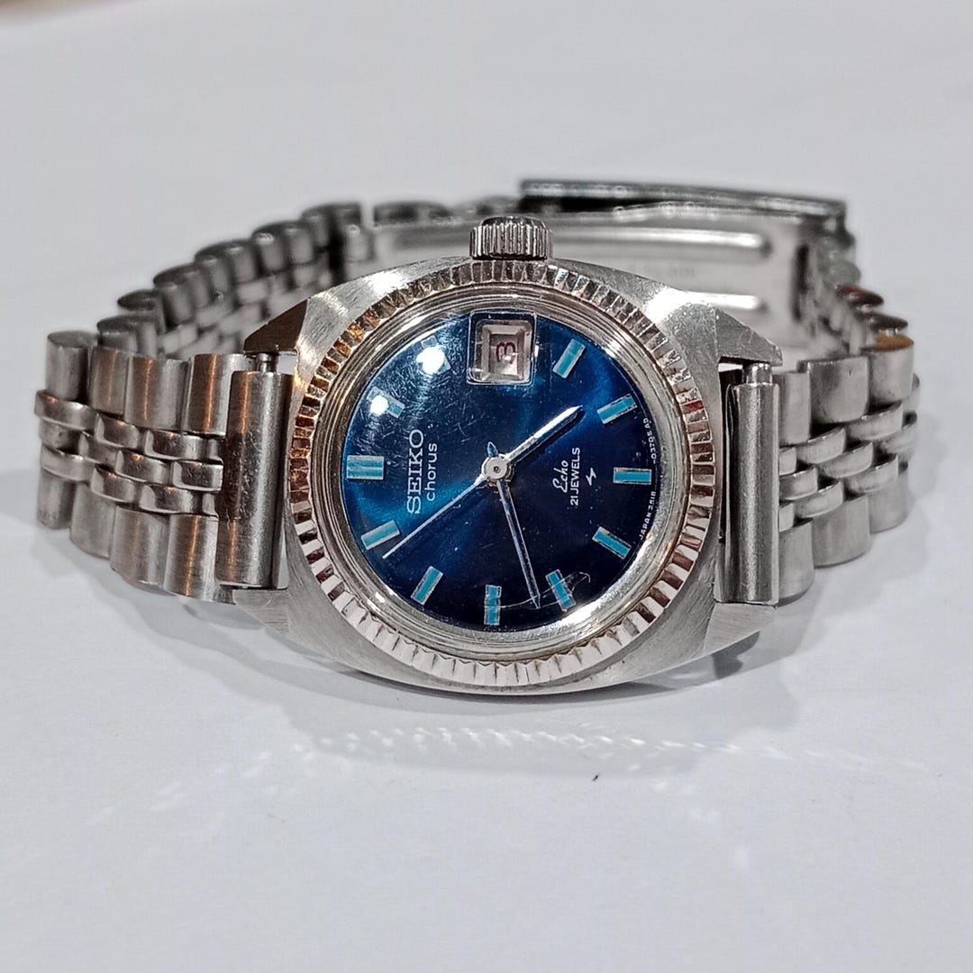 Vintage Seiko Automatic Ladies Watch Blue Dial Fluted Bezel Date Window ...