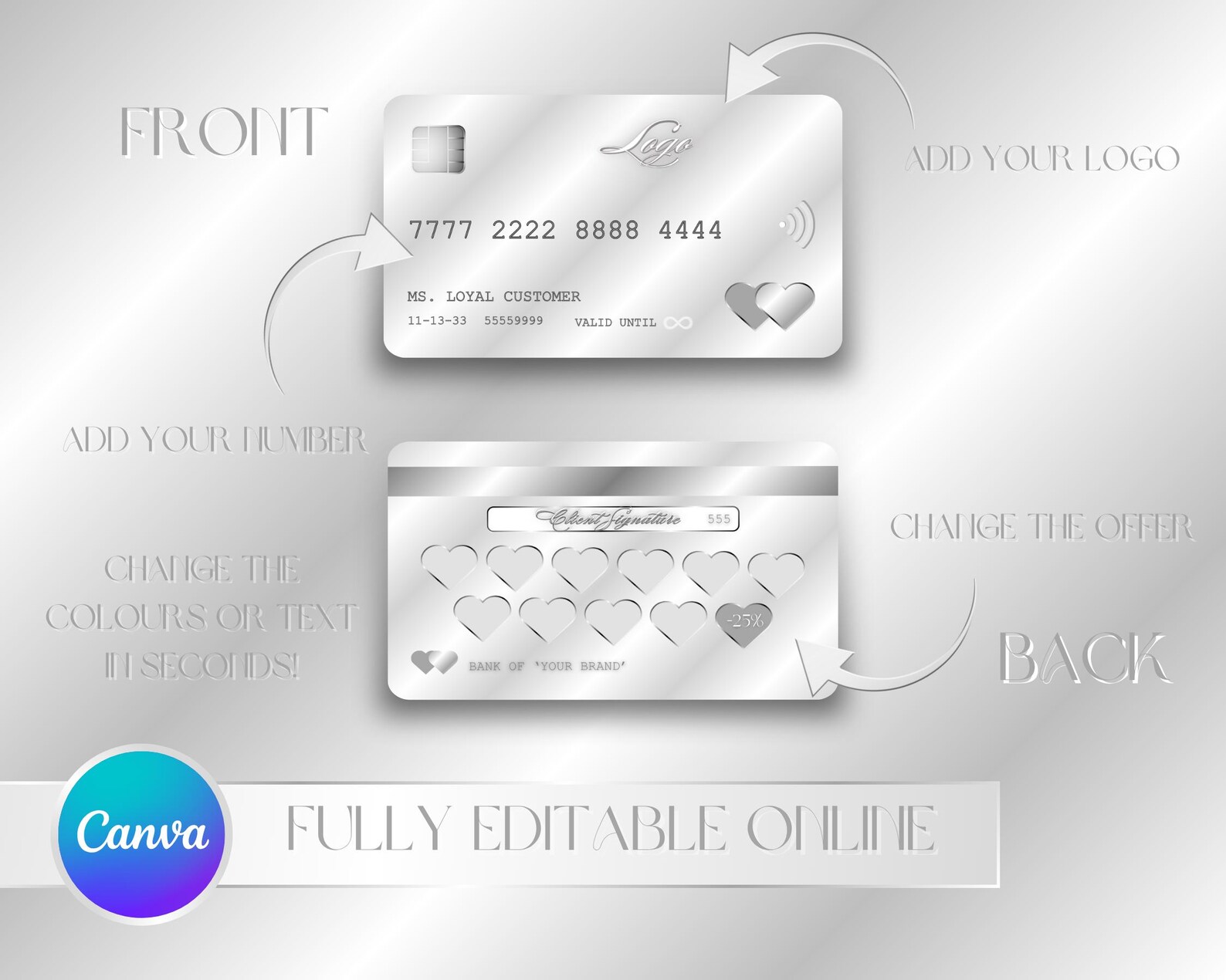 Silver Credit Card Style Loyalty Card Template, Editable Trendy DIY ...