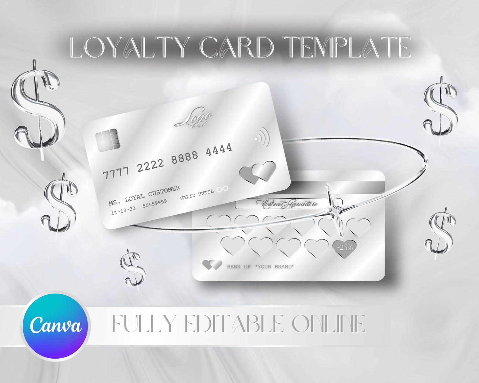 Silver Credit Card Style Loyalty Card Template, Editable Trendy DIY ...