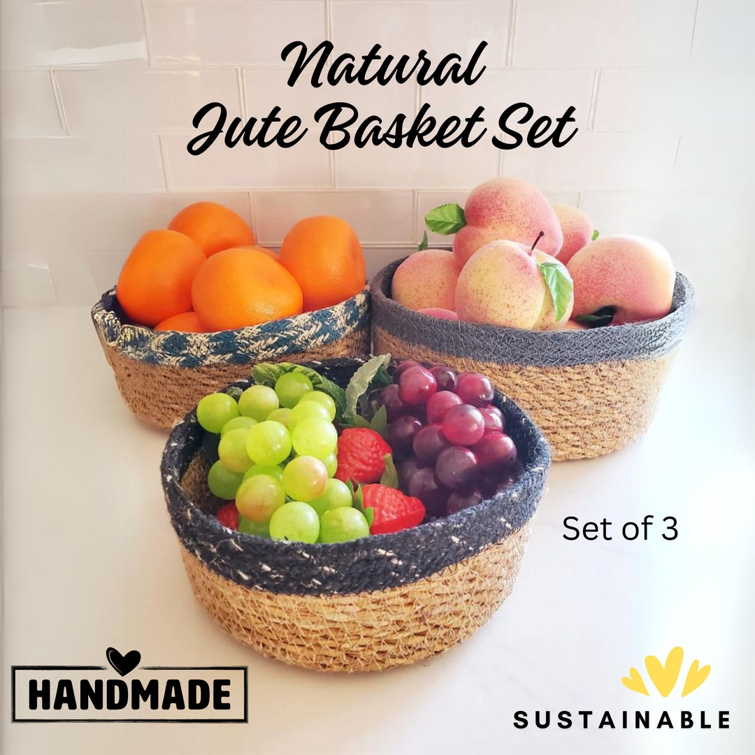 Hand Braided Jute Fruit Basket Round Natural With Grey Border-set of 3 ...