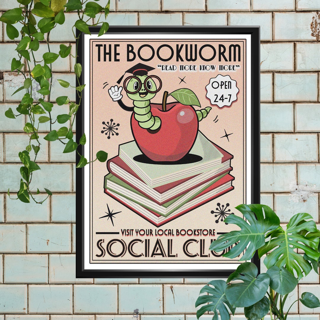 Retro Vintage | Inspired Bookworm Art Poster | Bookstore Social Club ...
