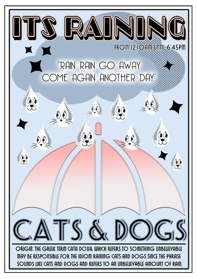 Retro Vintage | Inspired Its Raining Cats & Dogs Art Poster | Rain Rain ...