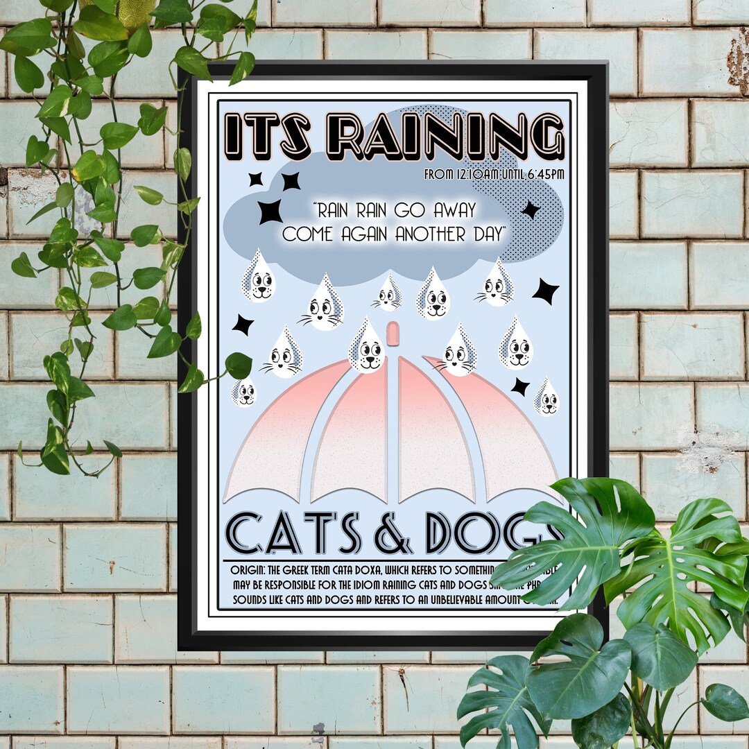 Retro Vintage | Inspired Its Raining Cats & Dogs Art Poster | Rain Rain ...