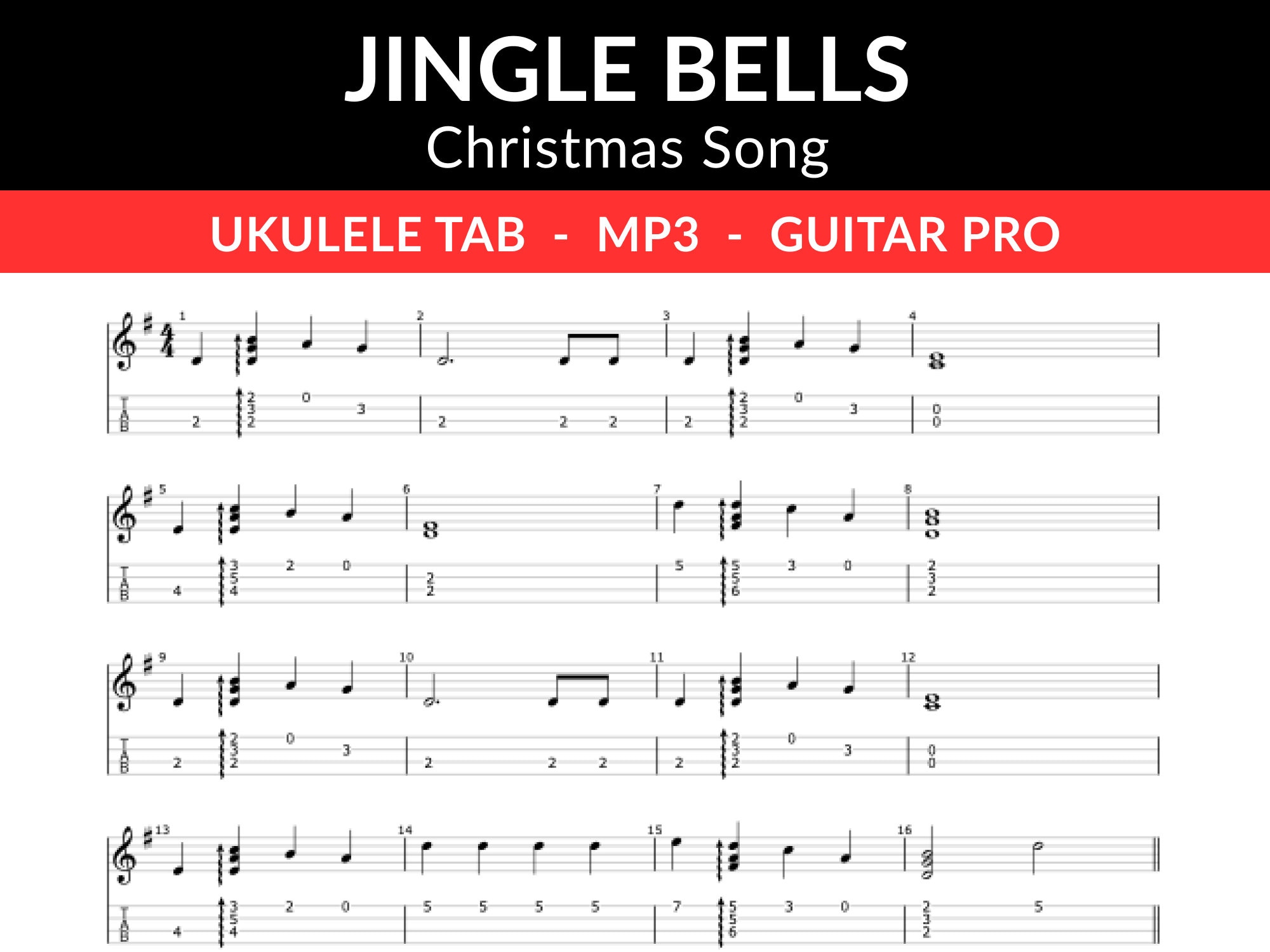 Jingle Bells Christmas Song fingerstyle Ukulele Tab Printable Ukulele ...