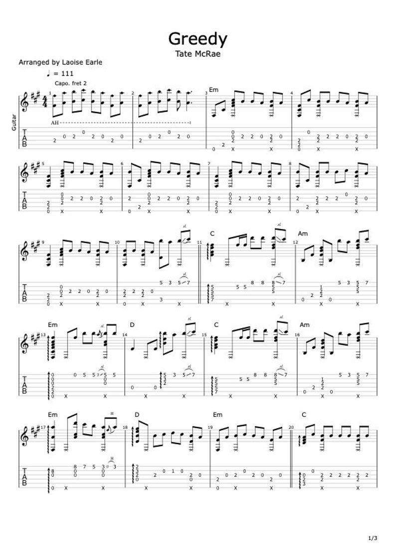 Tate Mcrae Greedy fingerstyle Guitar Tab Printable Guitar Tablature ...