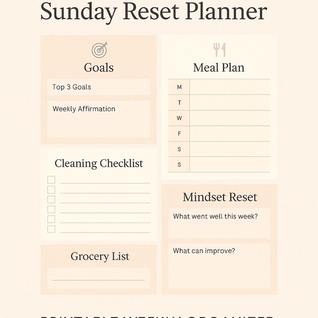 Sunday Reset Planner | Printable Weekly Organizer for Goals, Meals ...