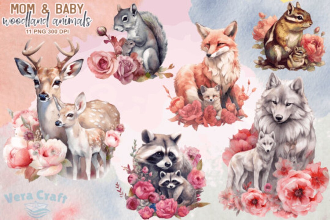 Watercolor Mama and Baby Animal Clipart, Baby Animals, Cute Animal PNG ...