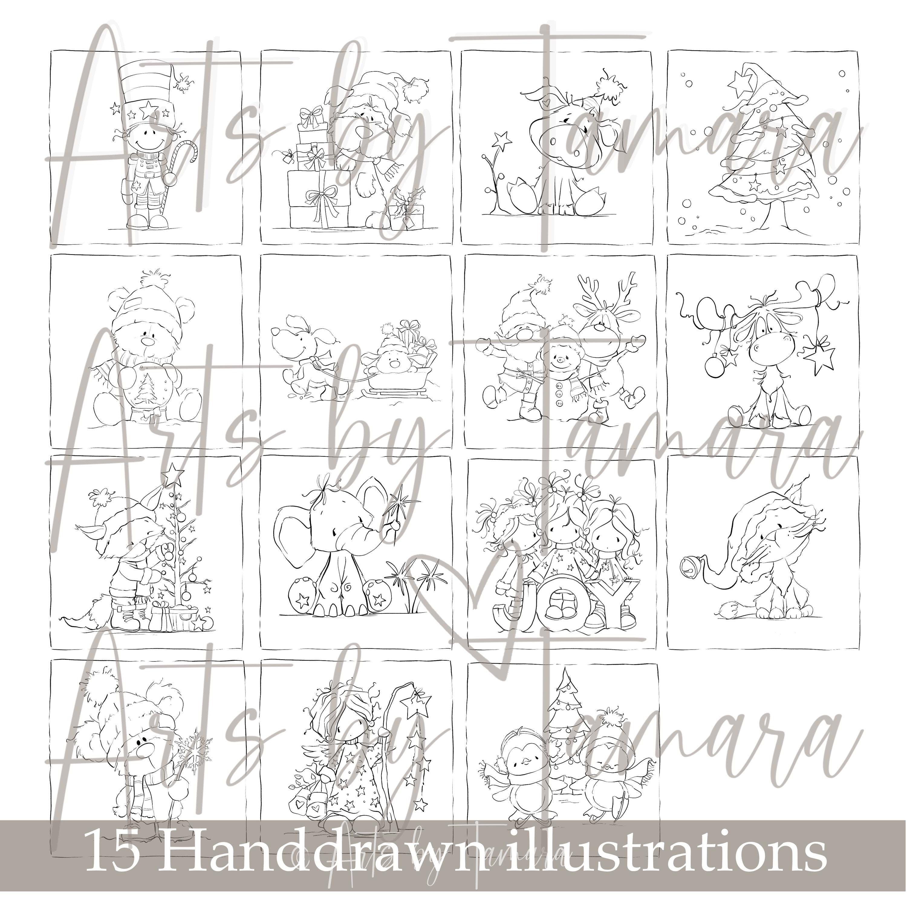 Cute Christmas Coloring Pages | 15 Hand-drawn Printables | Black & Grey ...