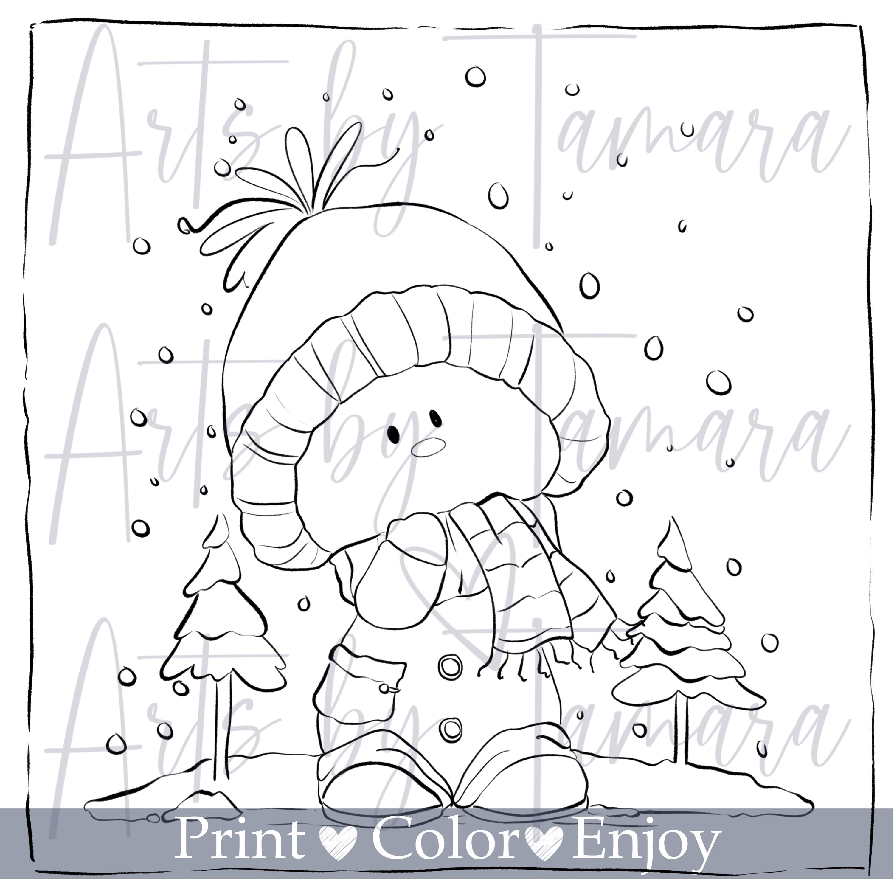 Cute Winter Coloring Pages | 15 Hand-drawn Printables | Black & Grey ...