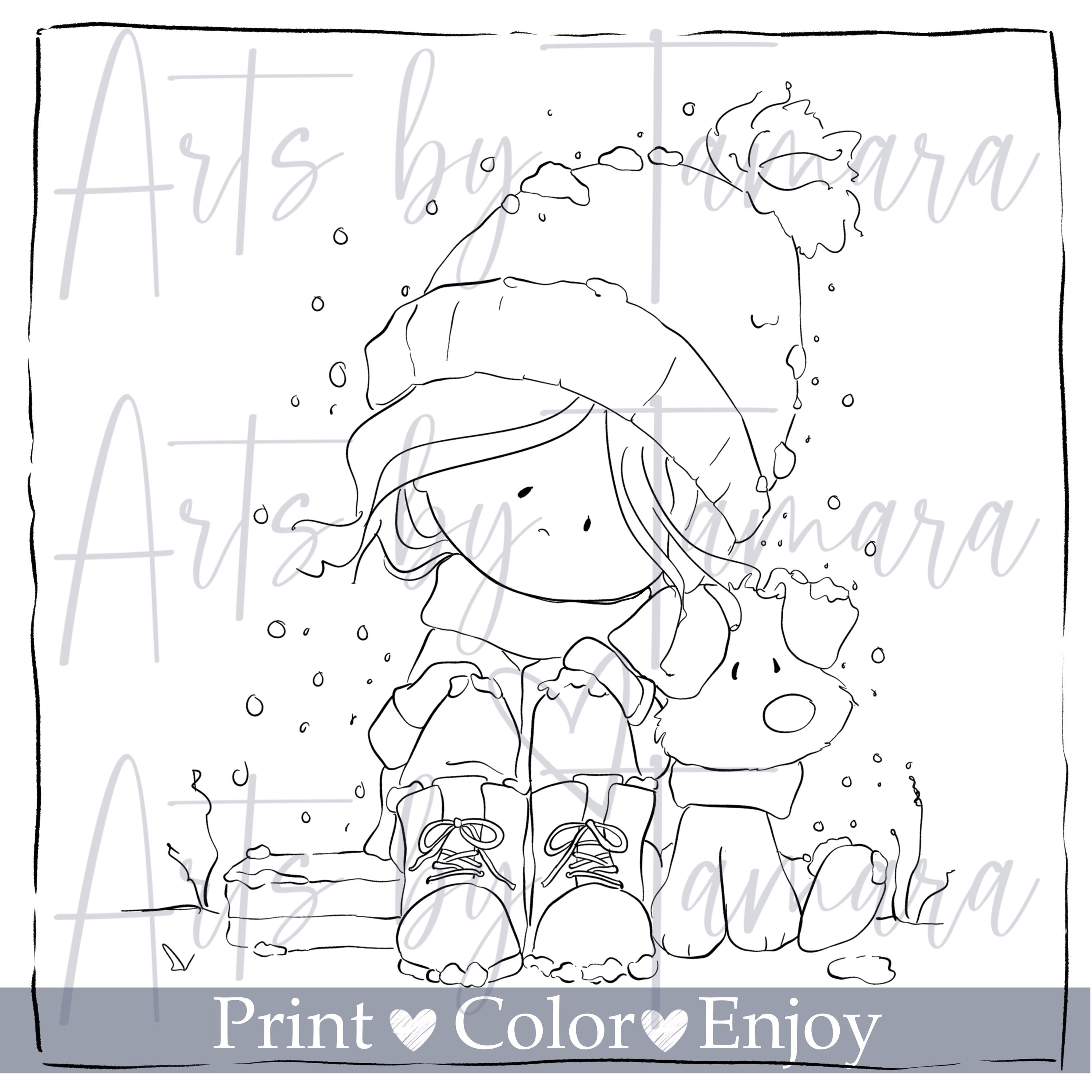 Cute Winter Coloring Pages | 15 Hand-drawn Printables | Black & Grey ...