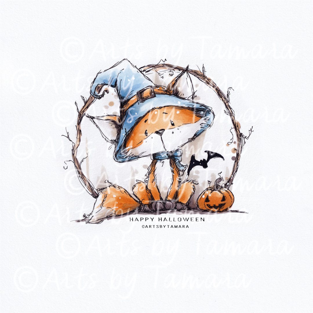 Exclusive Digital Art Card; a Cute, Hand-drawn Cute Halloween Fox Met ...