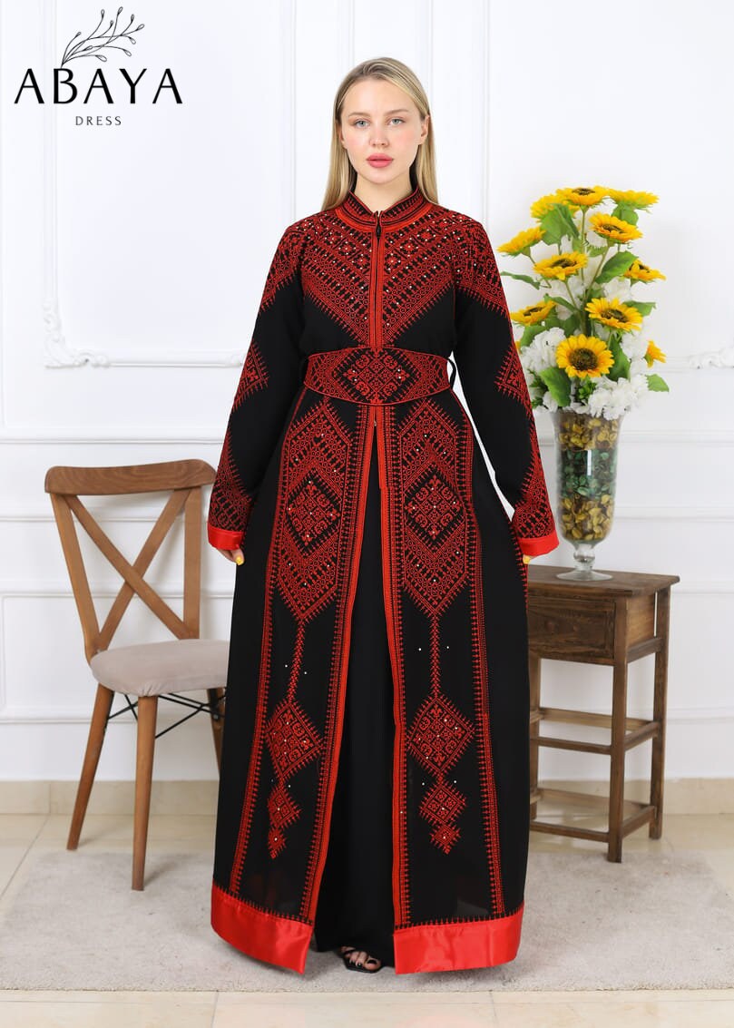 Palestinian Thobe Embroidery Maxi Dress Black and Red Sunbola ...
