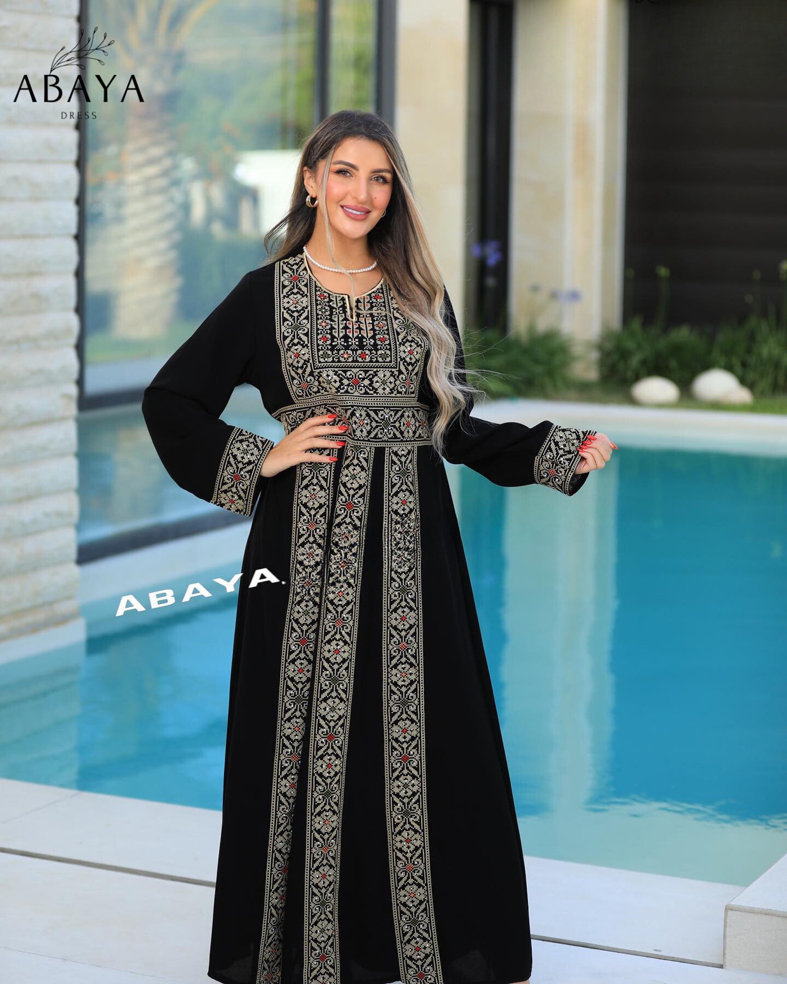 Palestinian Kaftan Thobe Thob Embroidery Black With Red Tatreez Stripes ...