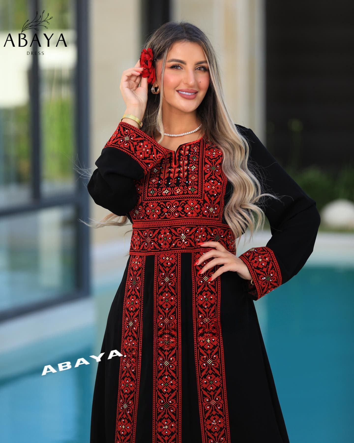 Palestinian Kaftan Thobe Thob Embroidery Black With Red Tatreez Stripes ...