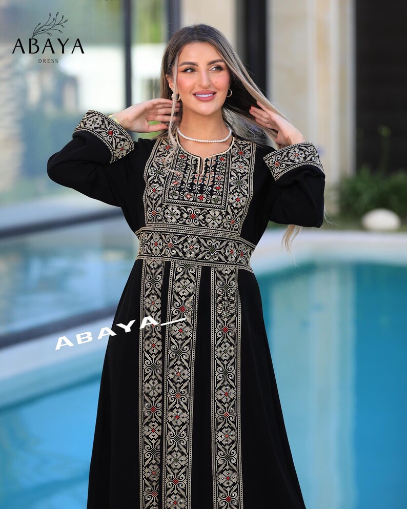 Palestinian Kaftan Thobe Thob Embroidery Black With Red Tatreez Stripes - Etsy