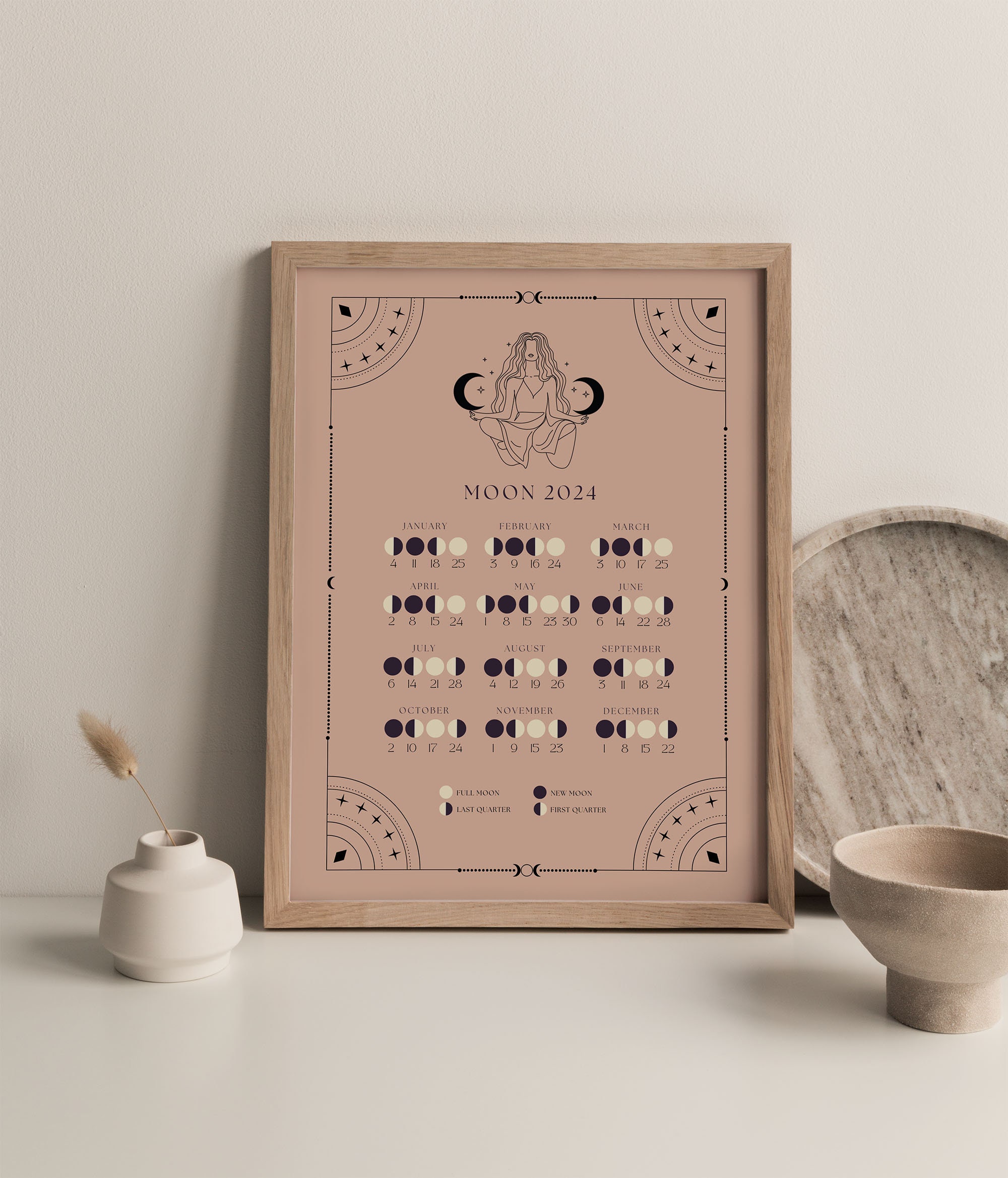 2024 Moon Calendar, Moon Phases Poster, Lunar Calendar, Celestial Moon ...
