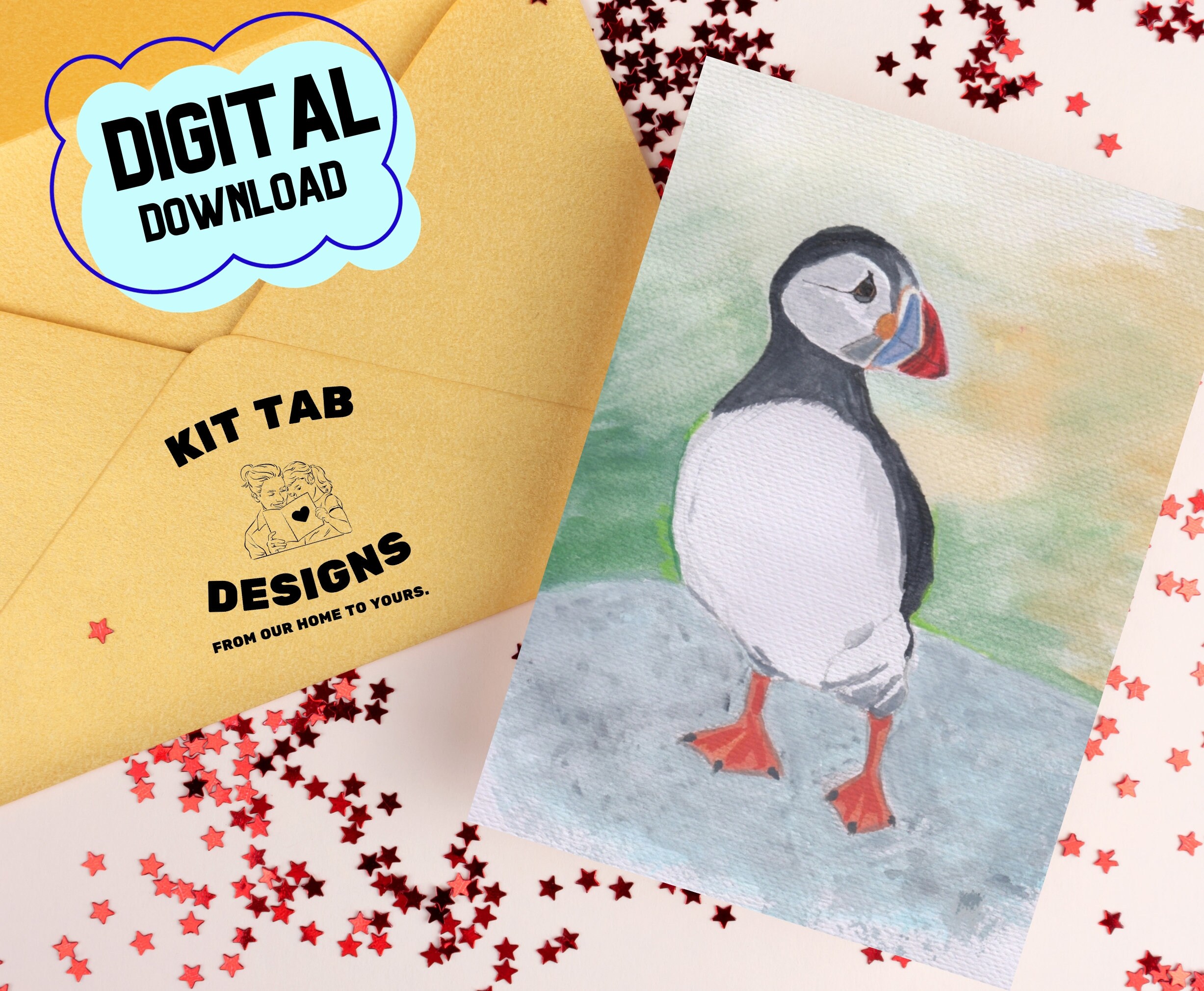 DIGITAL Printable Download Puffin Card Beautiful Printable Hand ...