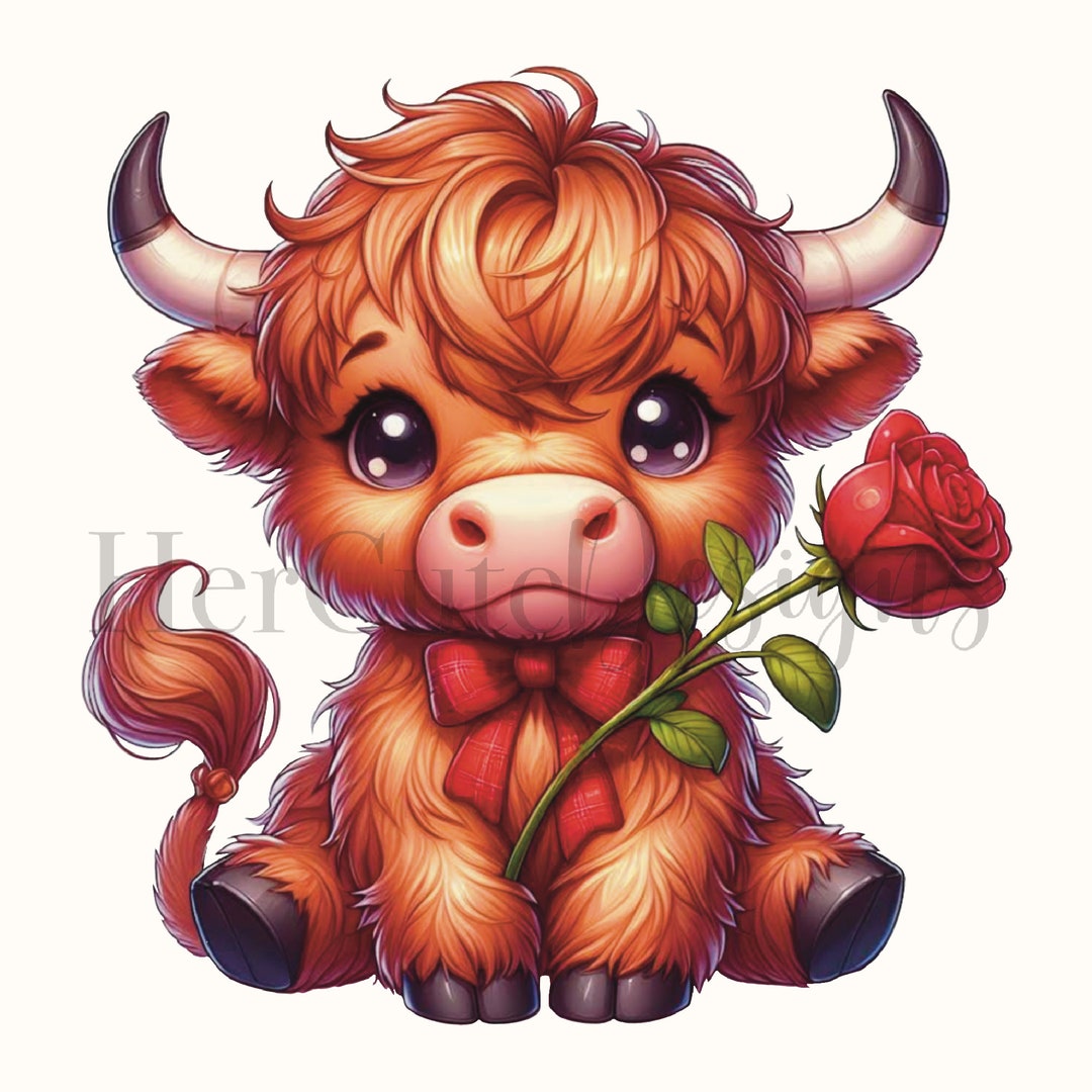 Cute Highland Cow With Rose PNG | Valentine's Day | Red | Digital | Be ...