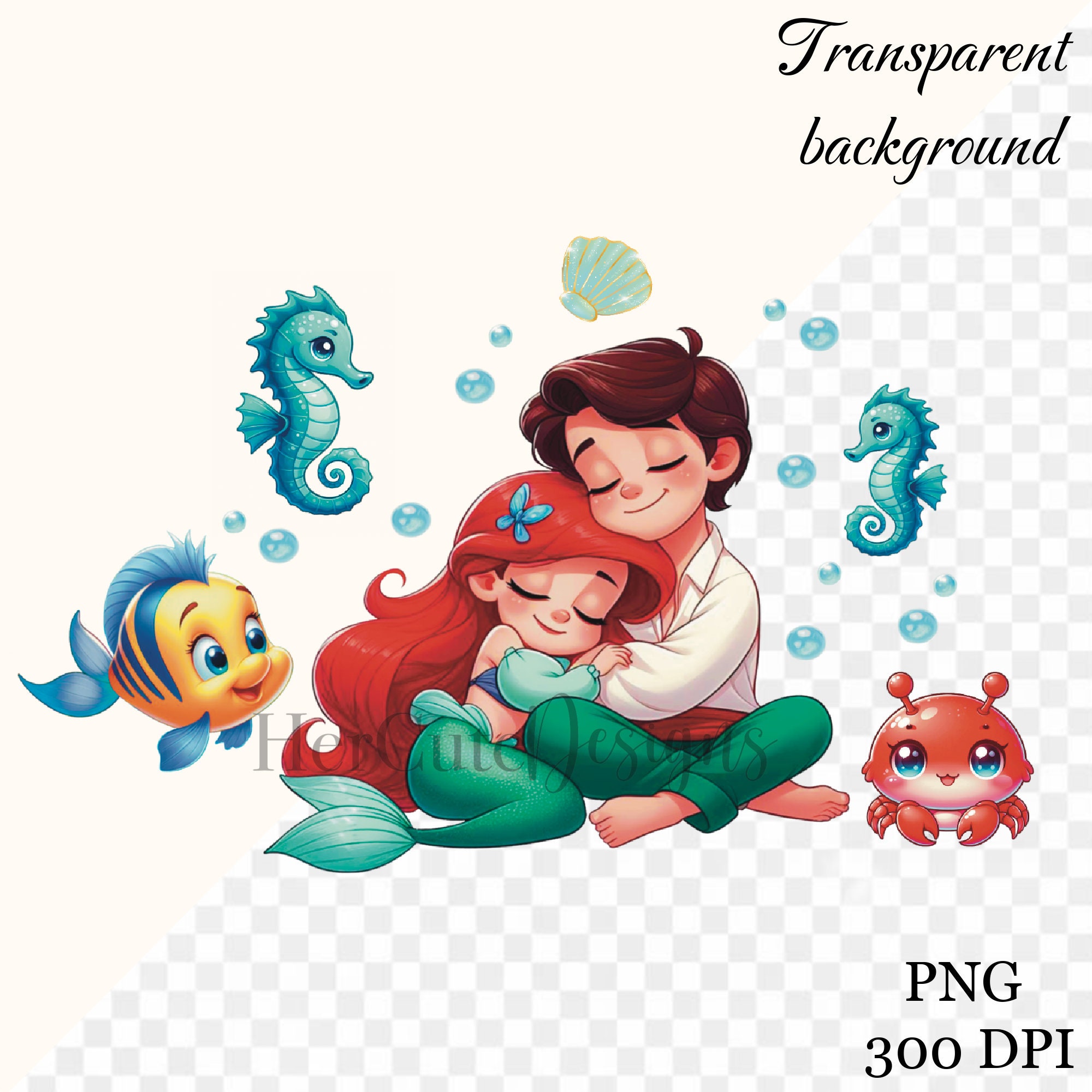 Cute Mermaid and Prince Libbey Wrap PNG Love Princess Sea Horse Crab ...