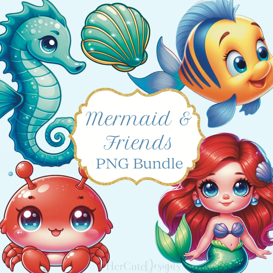 Cute Mermaid and Friends| | Flounder| Ariel | Seashell | Seahorse | Sea ...
