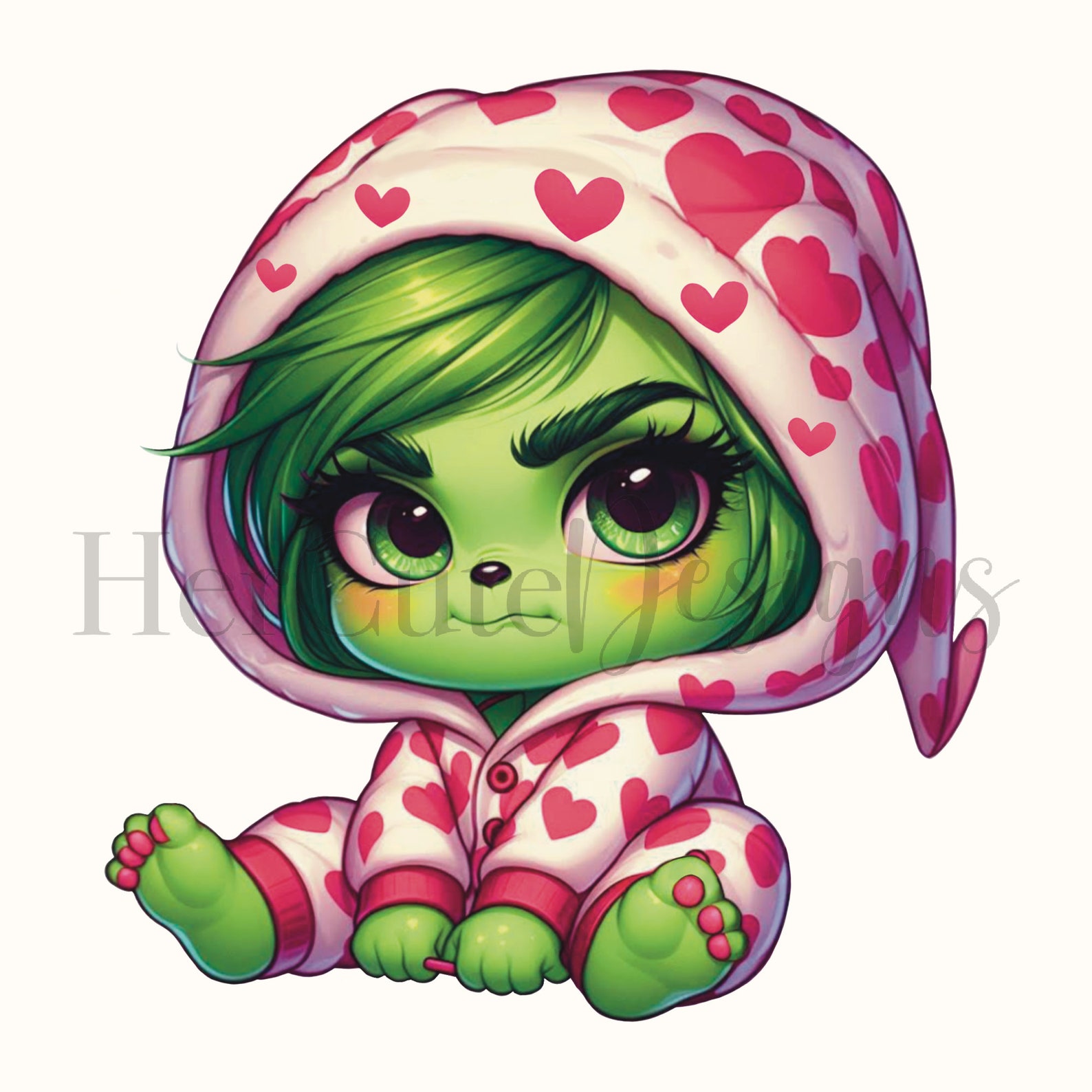 Cute Green Character in Pink Heart Pajamas PNG | Baby| Green| Digital ...