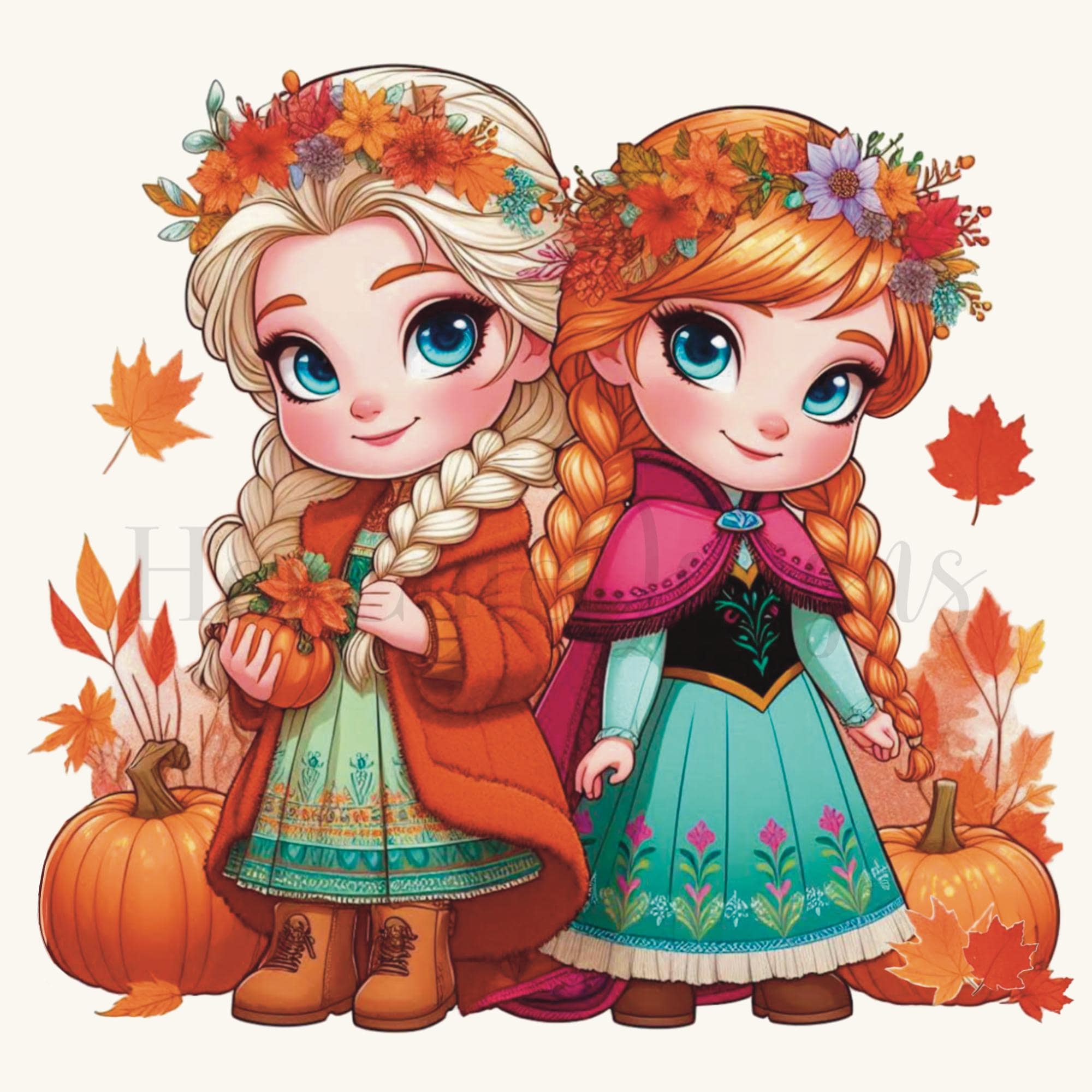 Cute Baby Princess Elsa and Anna PNG | Pumpkins | Fall | Autumn Leaves ...