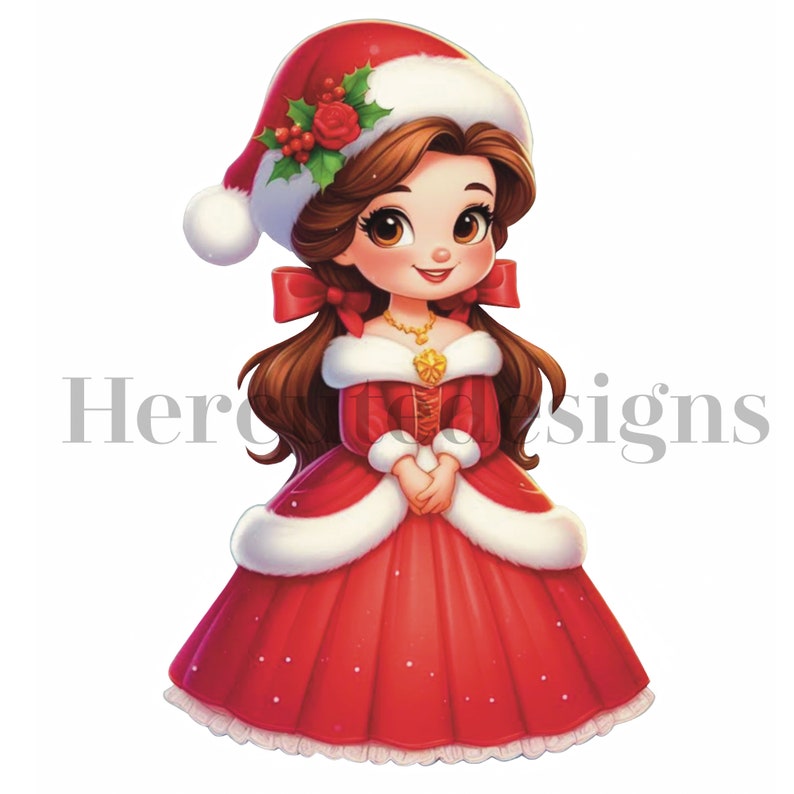Cute Belle Christmas Princess PNG Red Dress & Santa Hat Digital Image ...