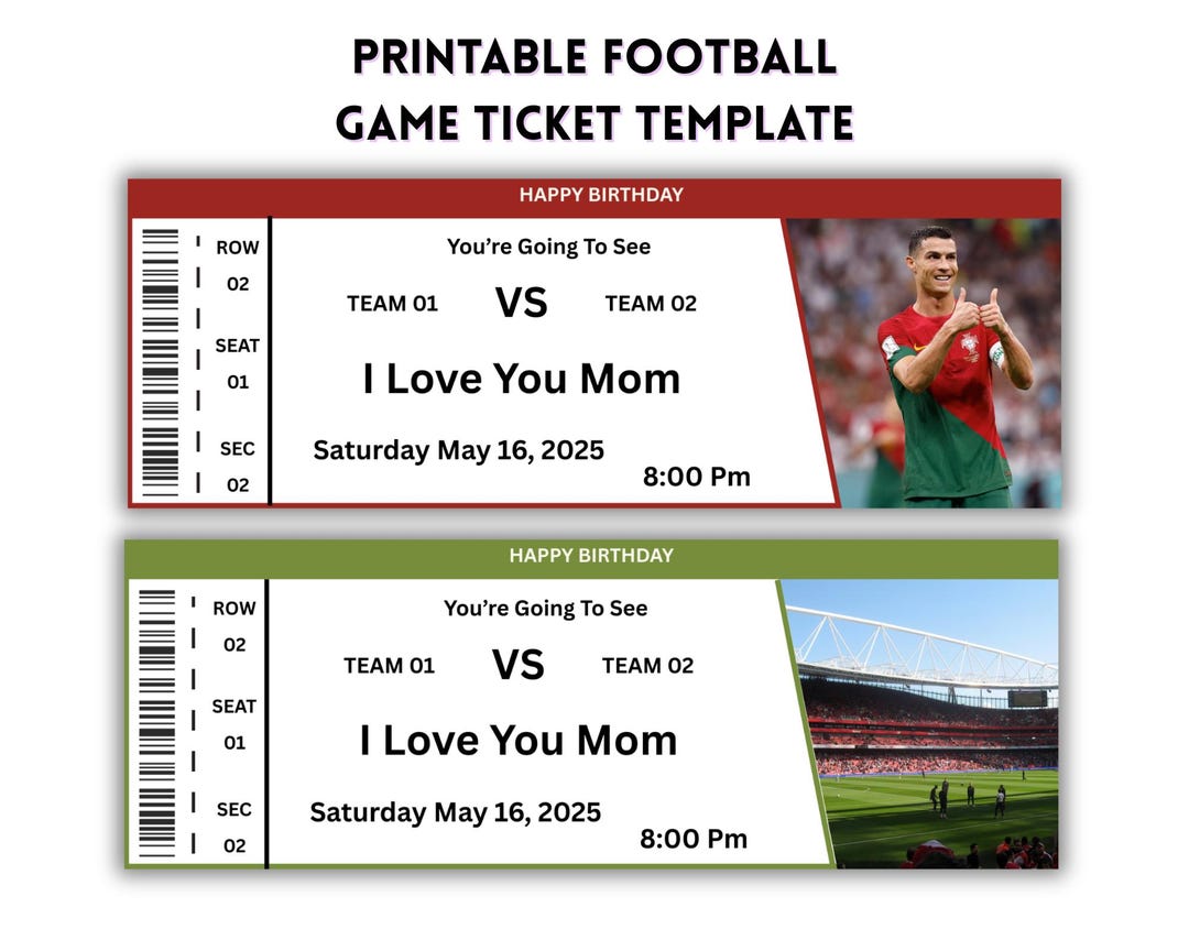 Printable Football Game Ticket Template, Football Birthday Ticket ...