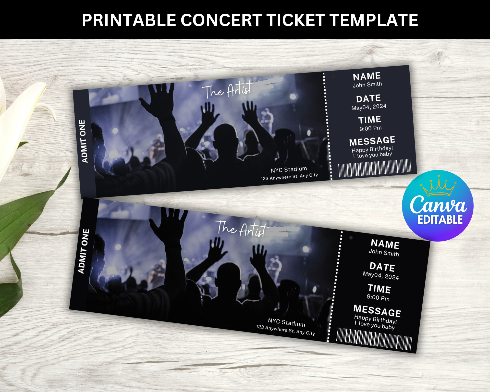 Printable Concert Ticket Template, Editable Event Ticket, Custom ...