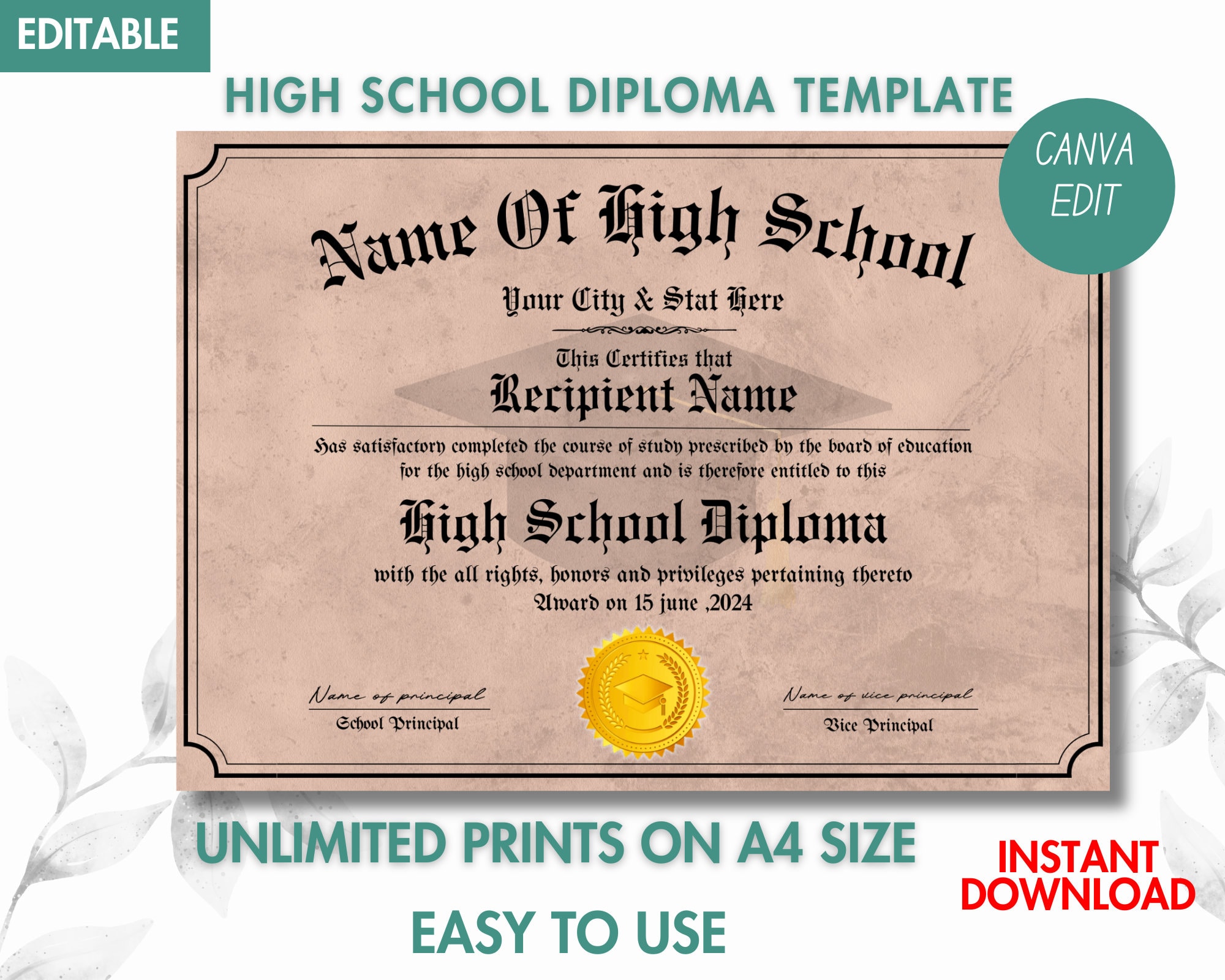 Printable High School Diploma Template, Home School Diploma, High ...