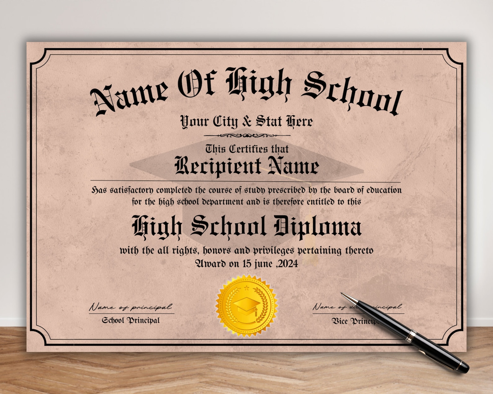 Printable High School Diploma Template: Customizable Replica (instant ...