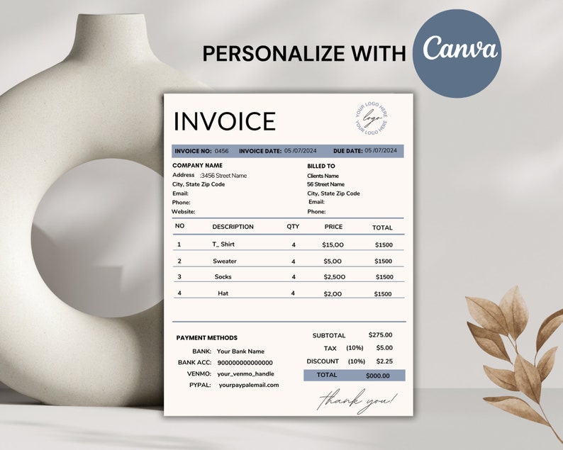 Editable Invoice Template: Minimalist Design, Canva & Word Compatible ...