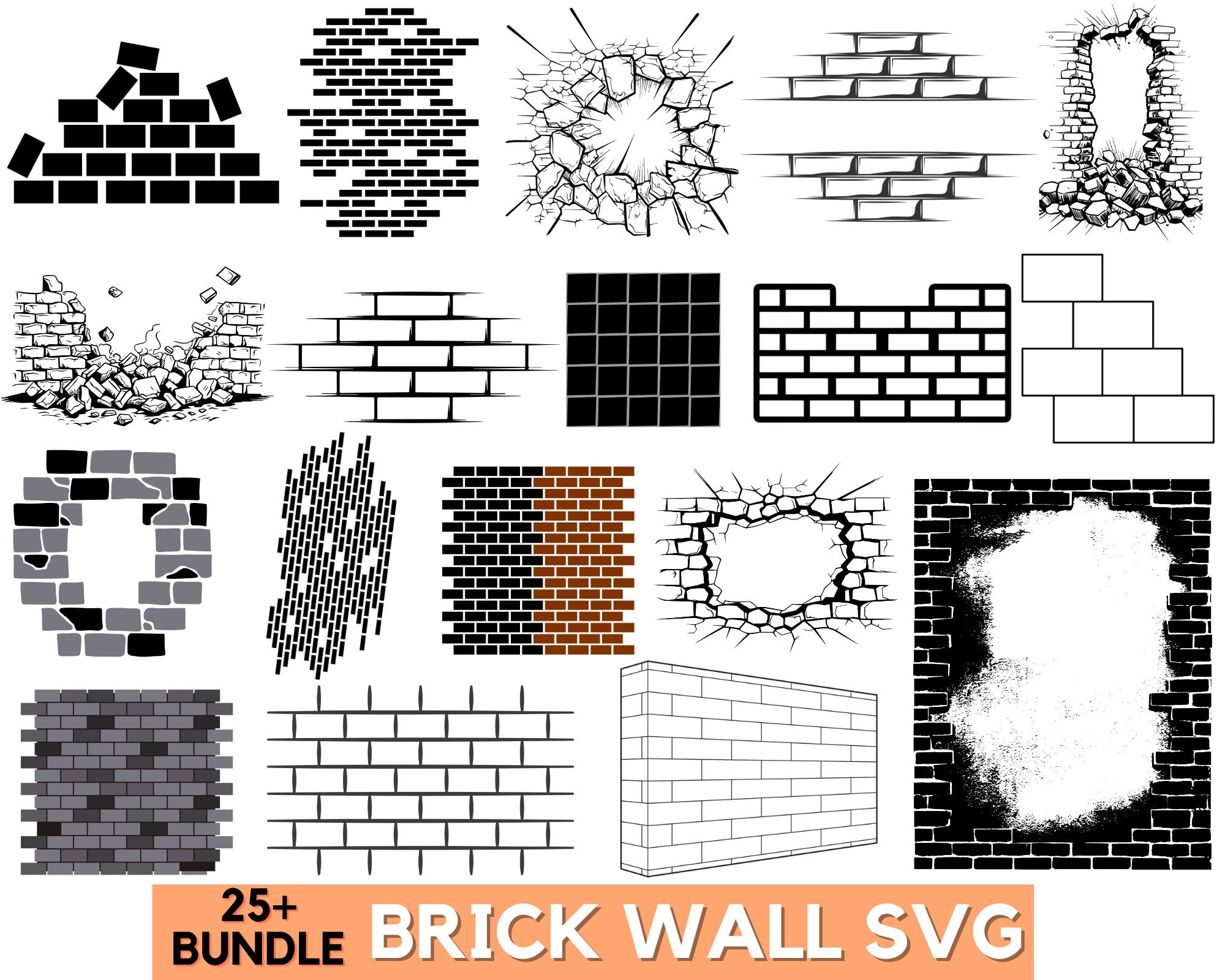 Pack of 25 Brick Wall Svg Png Designs, Bricks Pattern Svg, Brick Wall ...