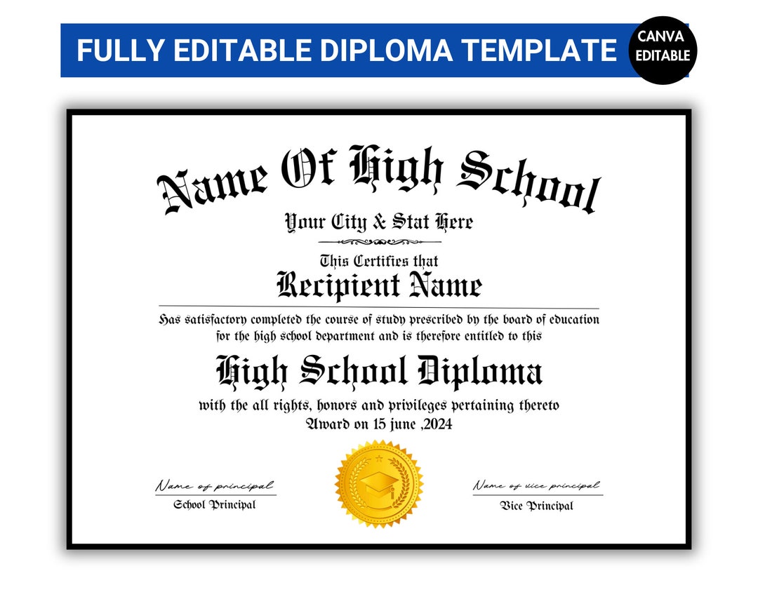 Editable High School Diploma Template, High School Diploma, Diploma ...