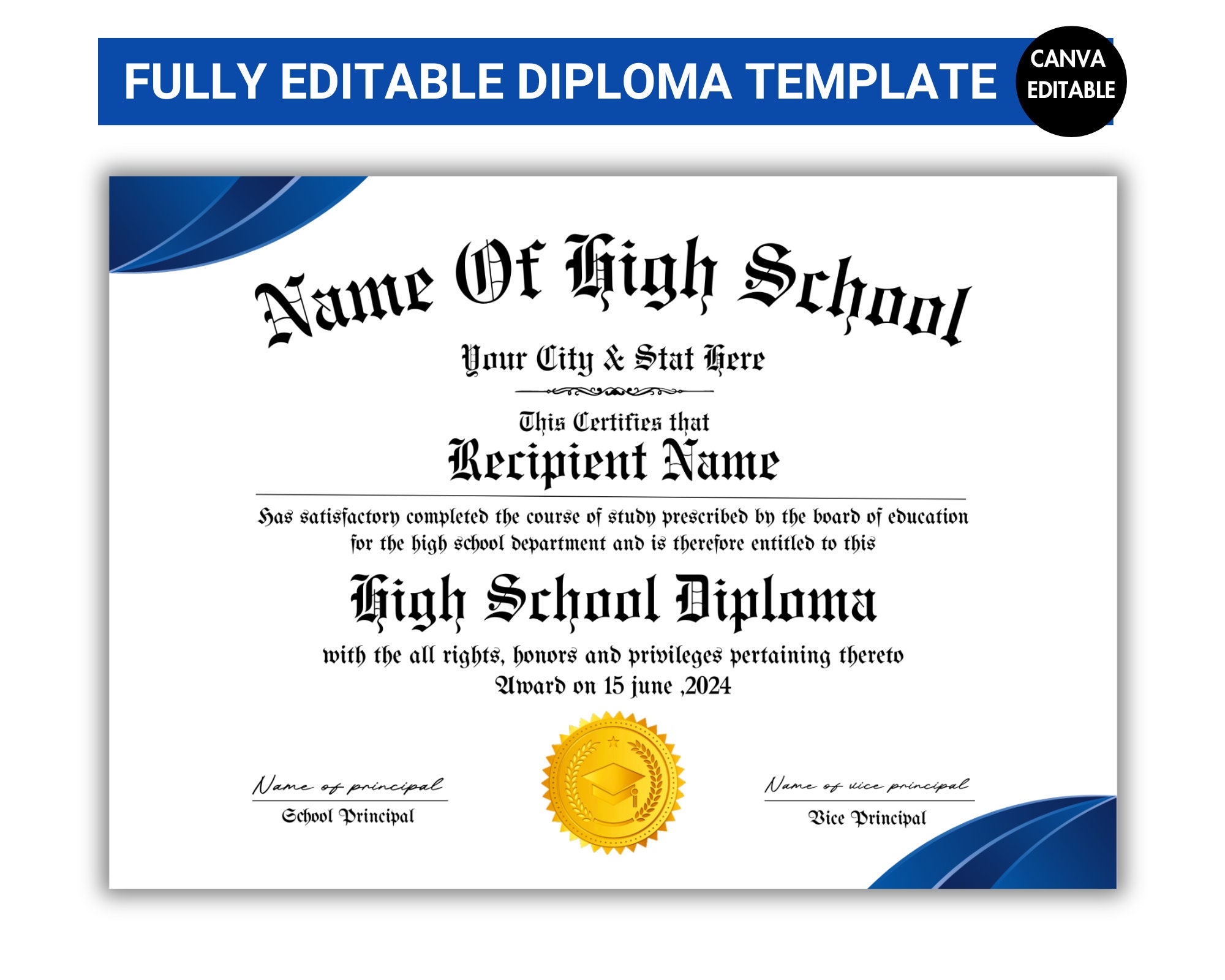 Printable High School Diploma Template, Home School Diploma, High ...