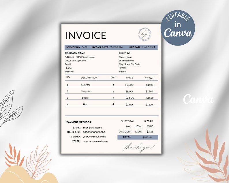 Editable Invoice Template: Minimalist Design, Canva & Word Compatible ...