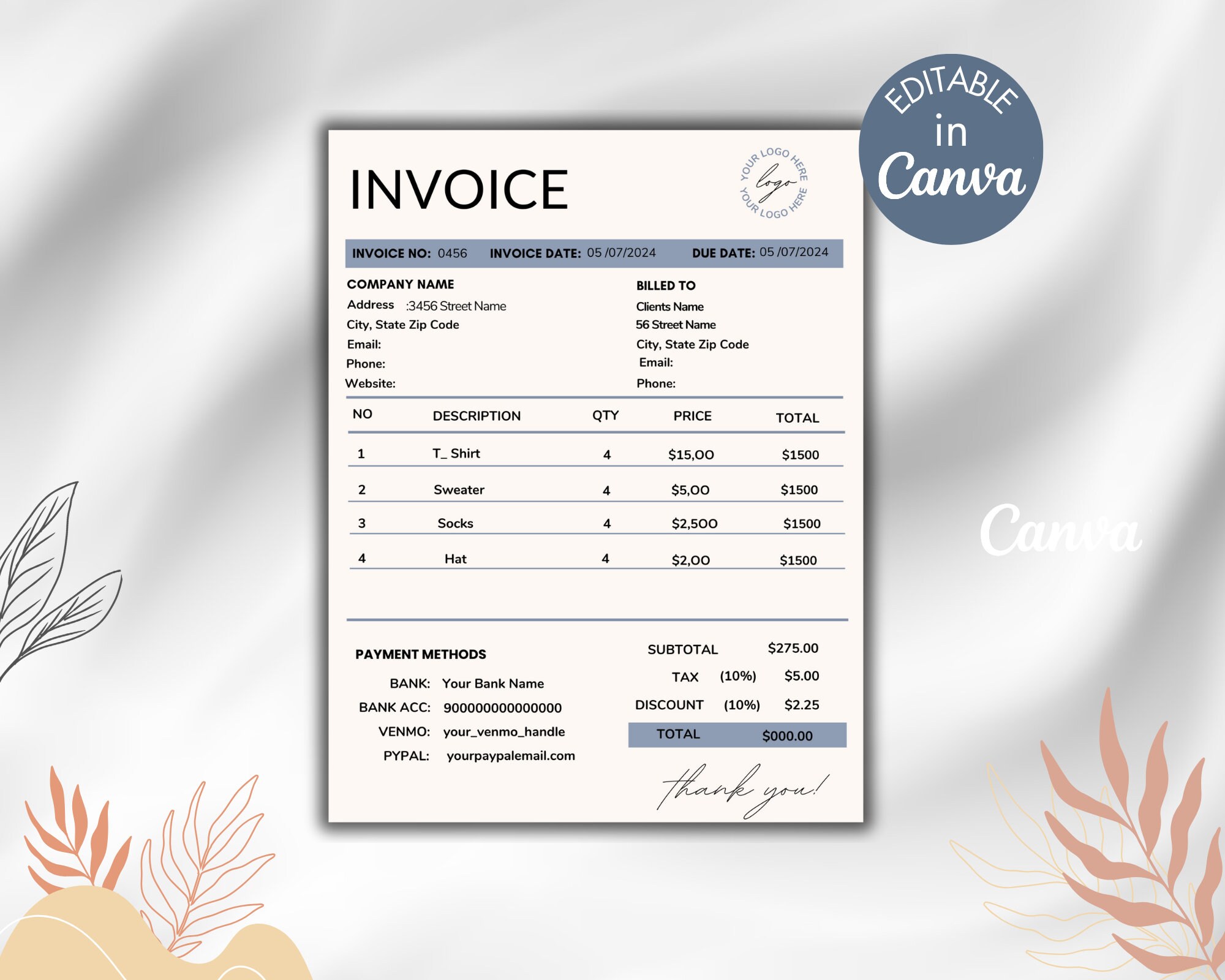 Editable Invoice Template Pdf, Printable Invoice Template, Fillable ...