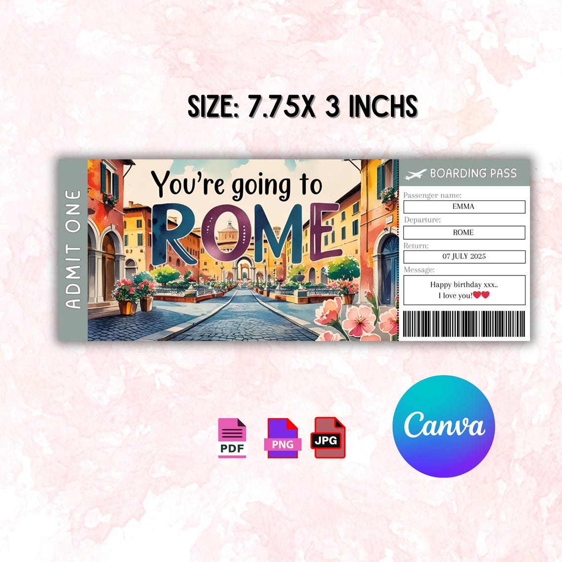 Editable Rome Trip Ticket Template, Printable Boarding Pass (instant ...