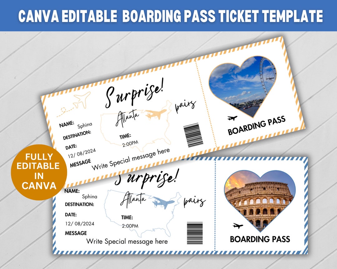 Editable Boarding Pass Template, Printable Personalized Trip Ticket ...