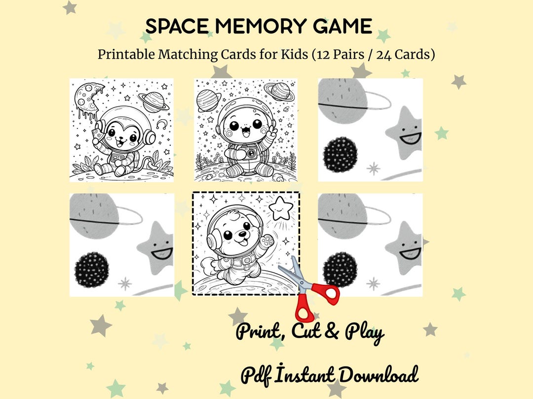 Space Memory Game Printable PDF, Cute Astronaut Animals Matching Cards ...