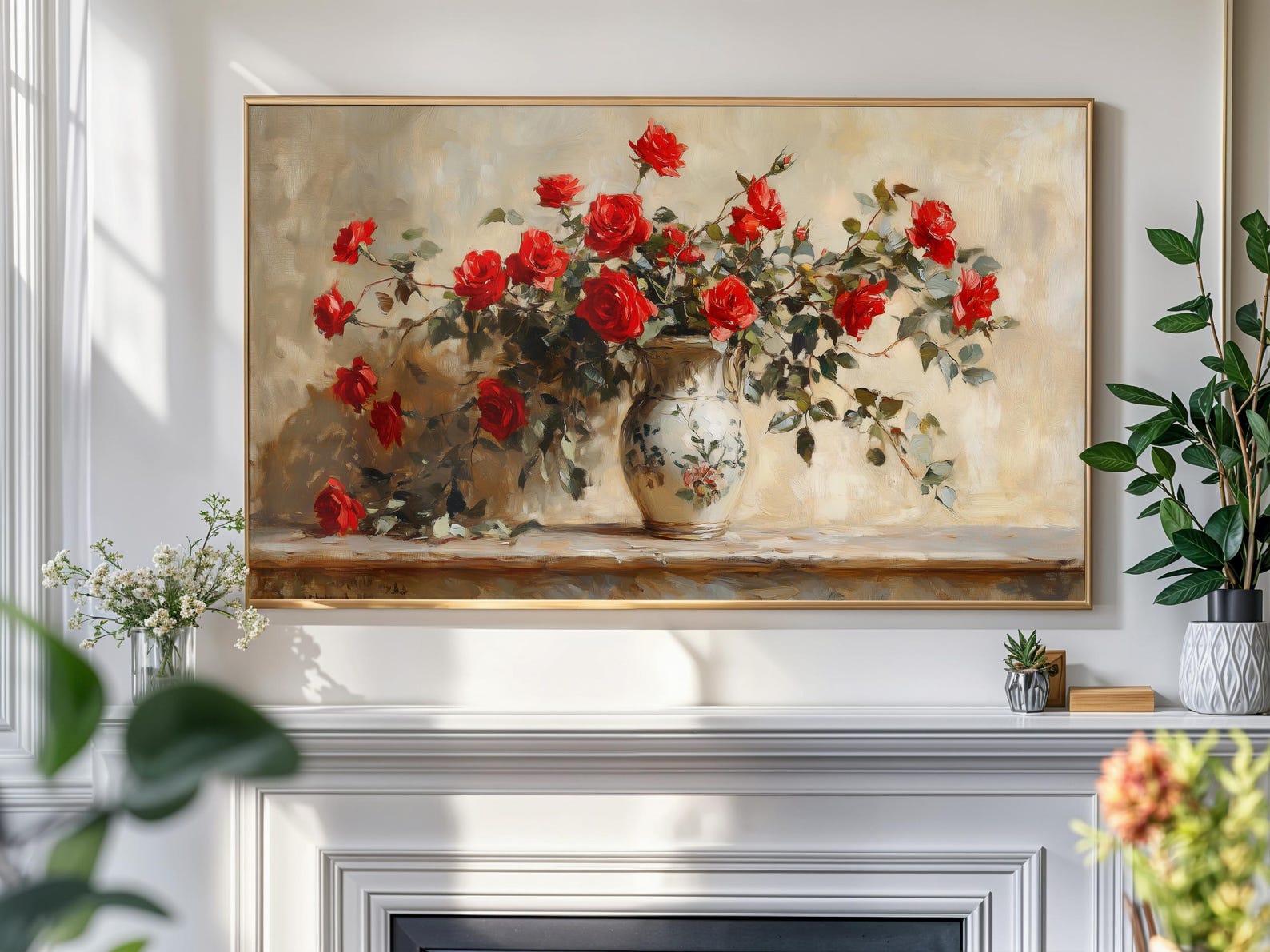 Vintage Floral Frame TV Art Red Rose Painting Romantic Flowers TV ...