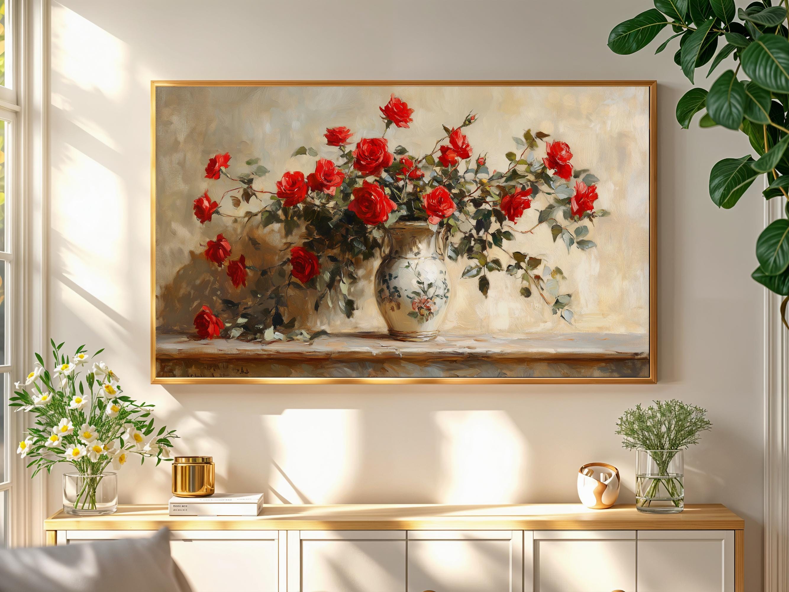 Vintage Floral Frame TV Art Red Rose Painting Romantic Flowers TV ...