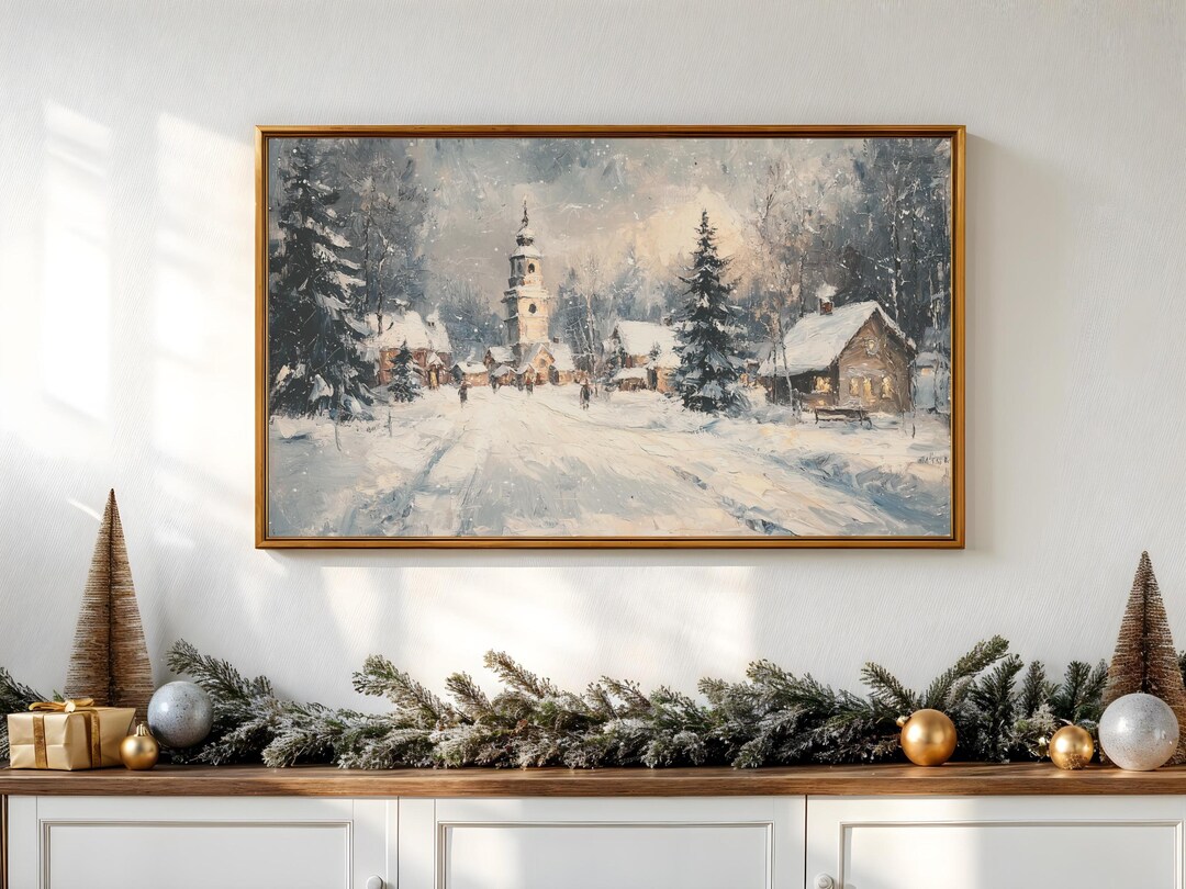 Christmas Village Frame TV Art, Snowy Winter Town Painting, Digital ...