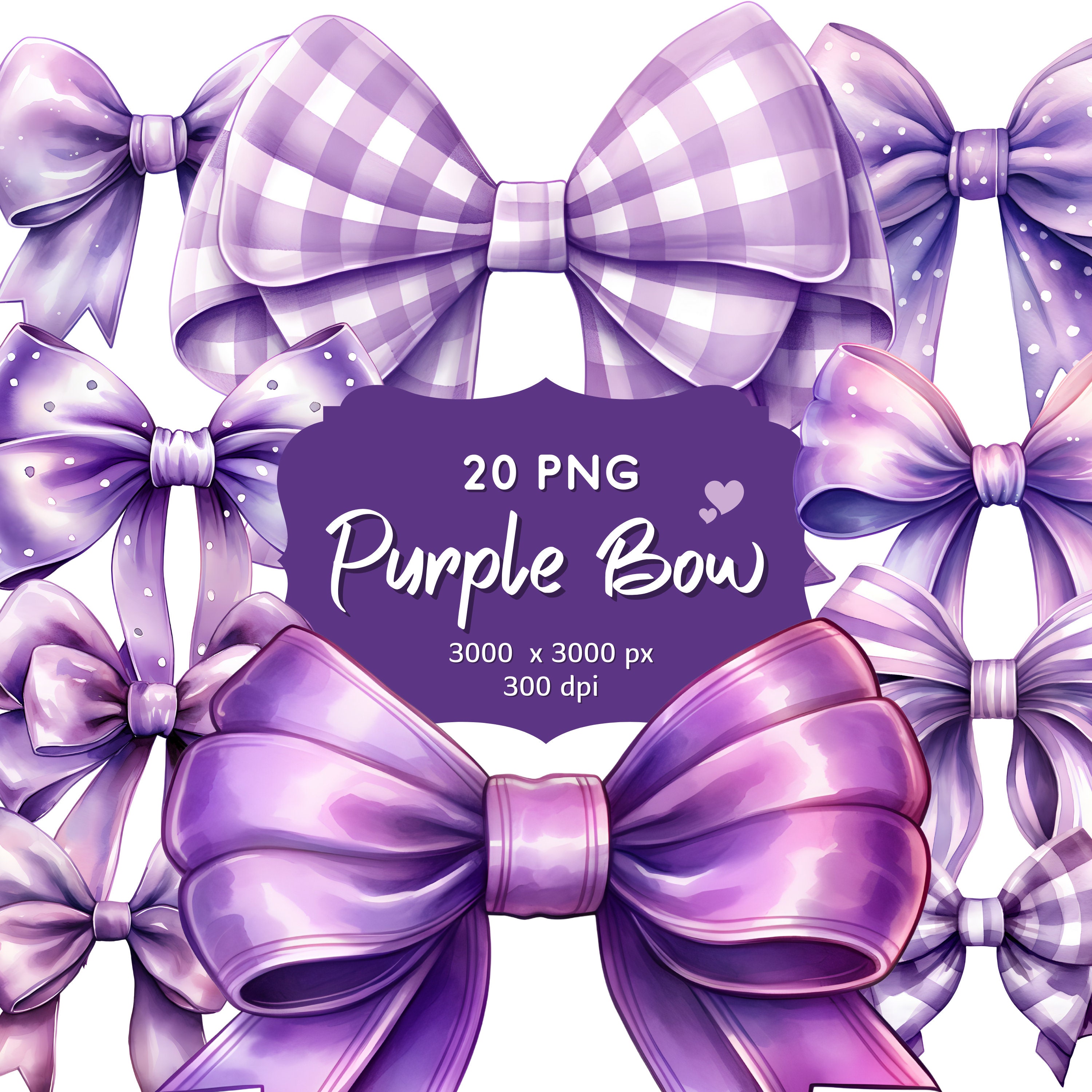Watercolor Purple Bow Clipart - 20 Transparent PNG, Digital Downloads ...