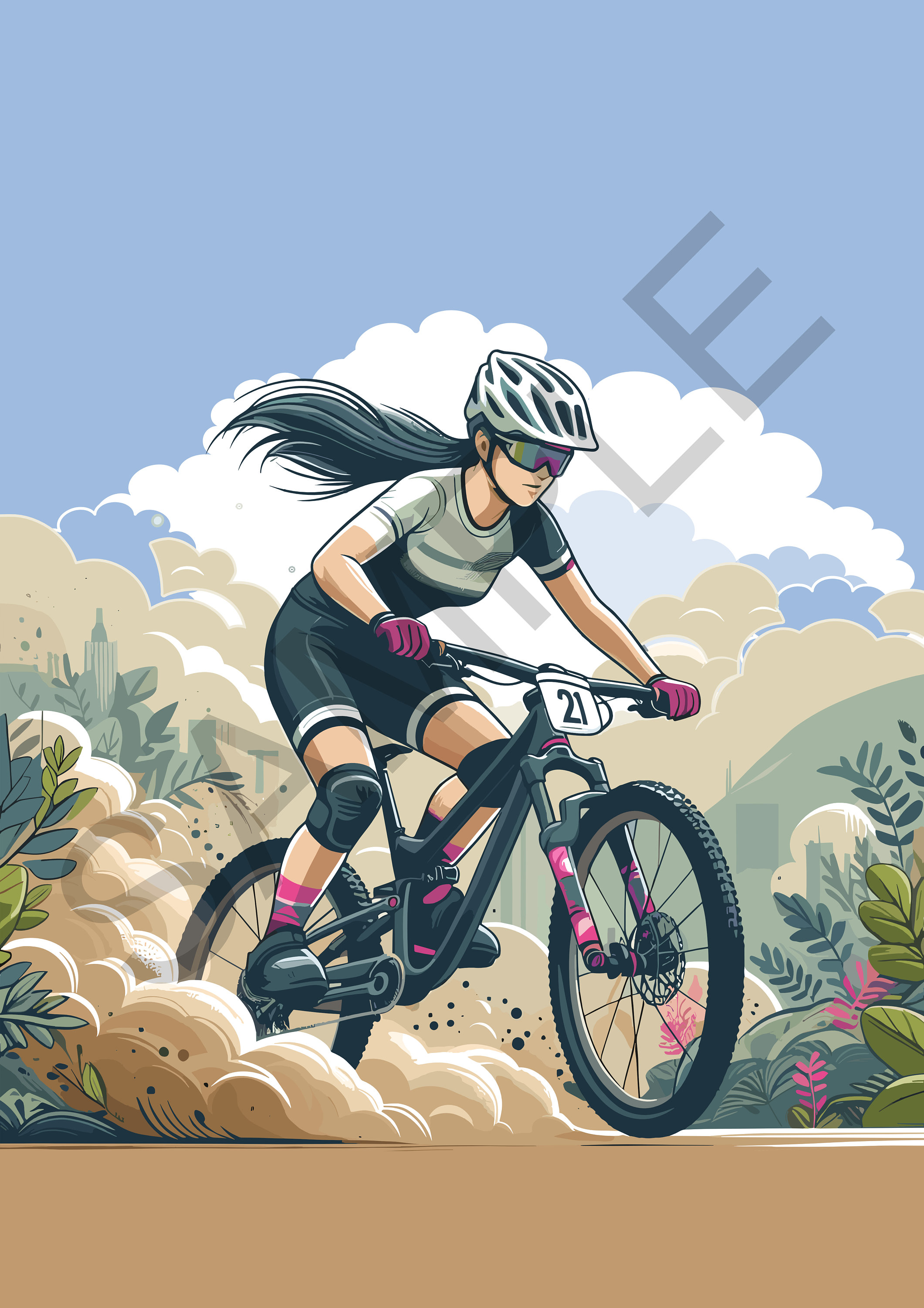 Lady MTB Rider, Colourful Mountain Bike Rider Poster A3 Size, Digital ...