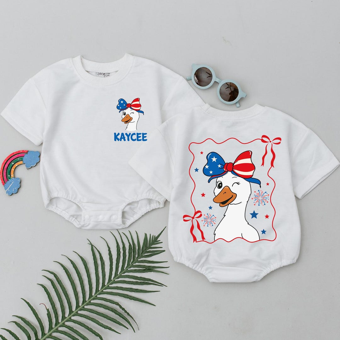Personalized 4th of July Goose Baby Romper – USA Bow Outfit for Baby ...