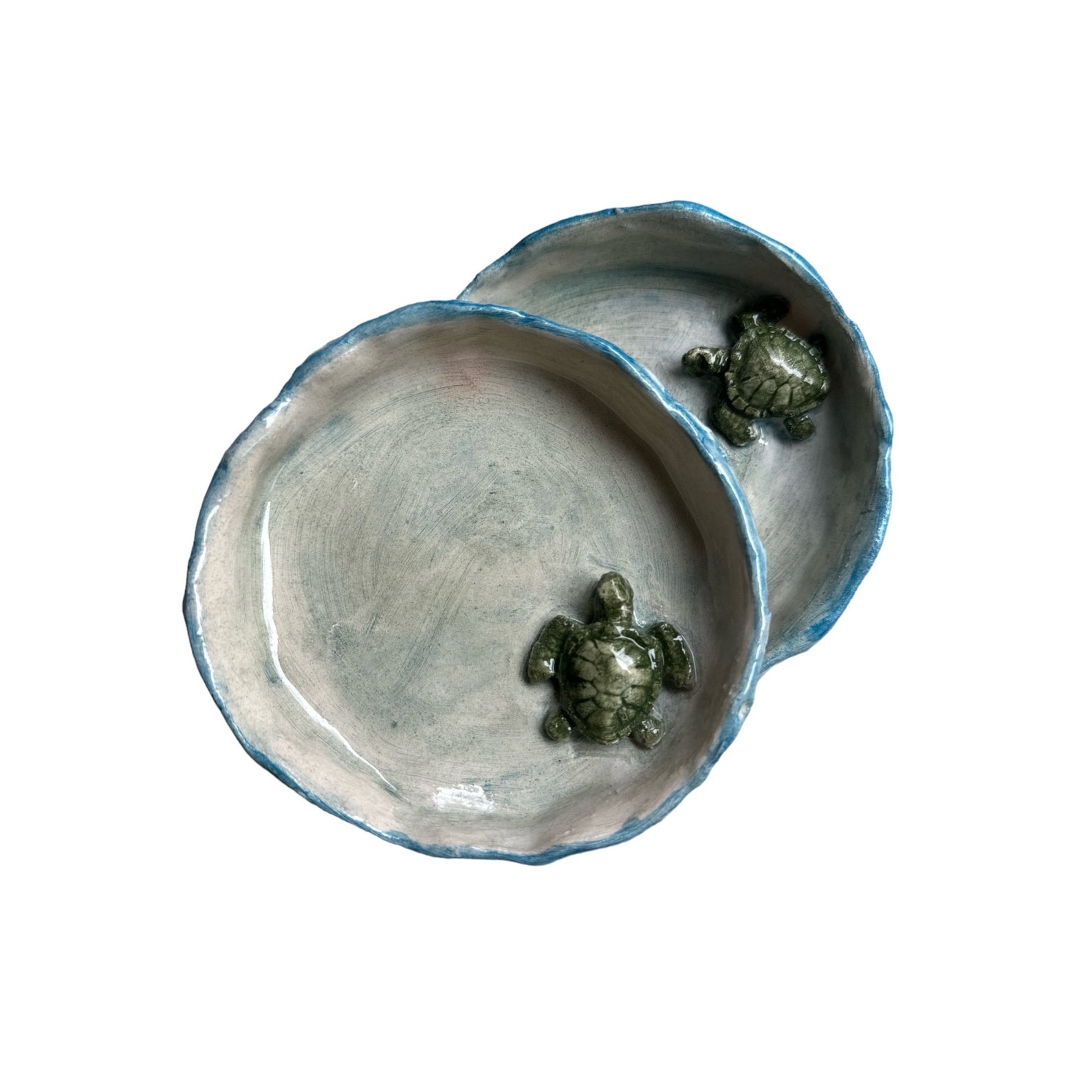 Coastal Turtle Ceramic Bowl Set Artisan Blue Bowls With Green Turtles ...