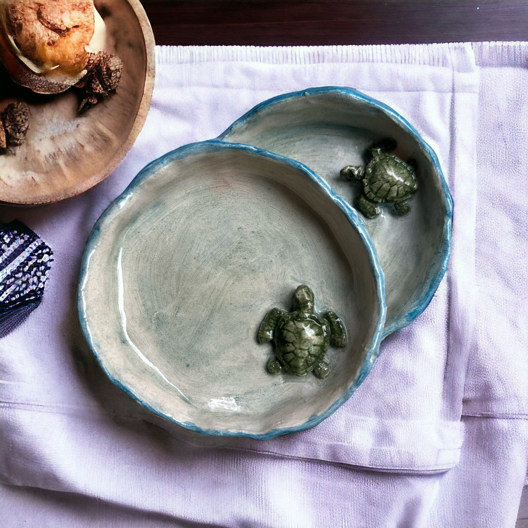 Coastal Turtle Ceramic Bowl Set Artisan Blue Bowls With Green Turtles ...