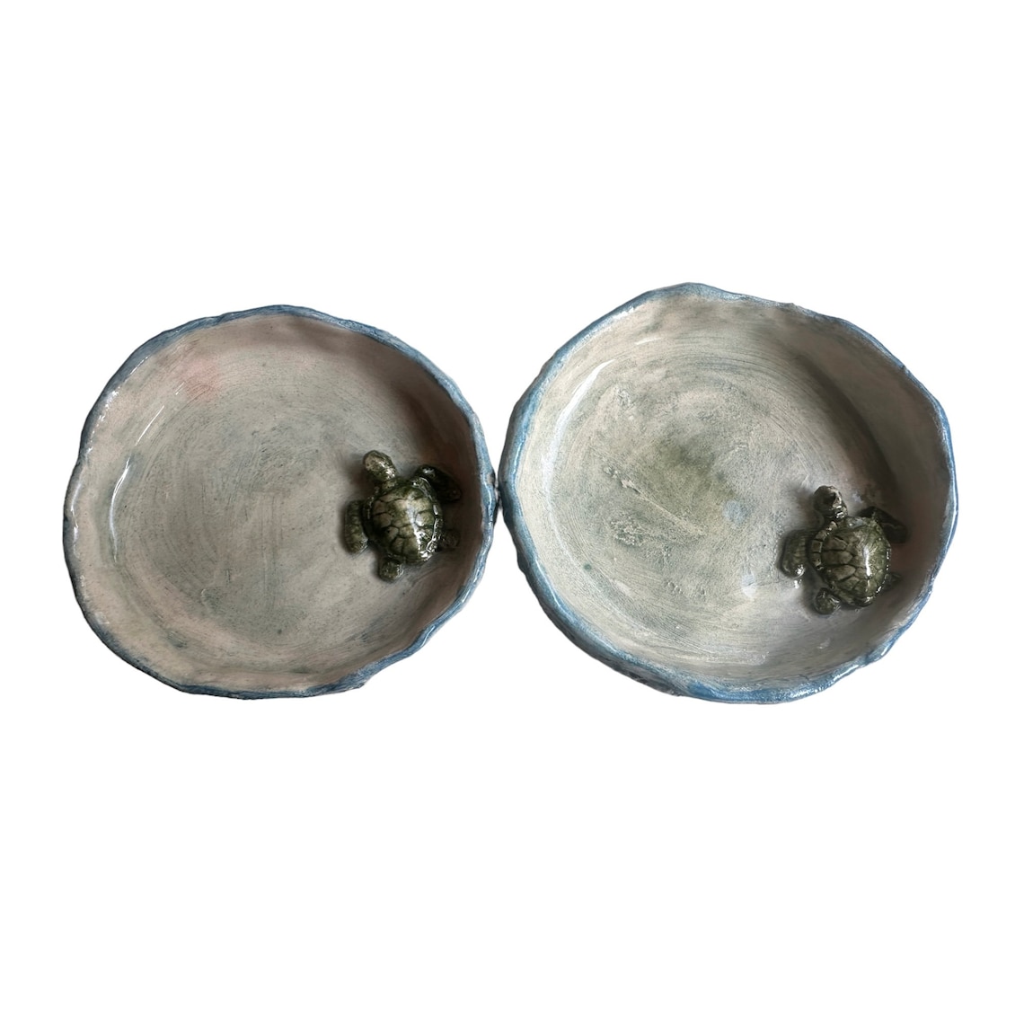 Coastal Turtle Ceramic Bowl Set Artisan Blue Bowls With Green Turtles ...
